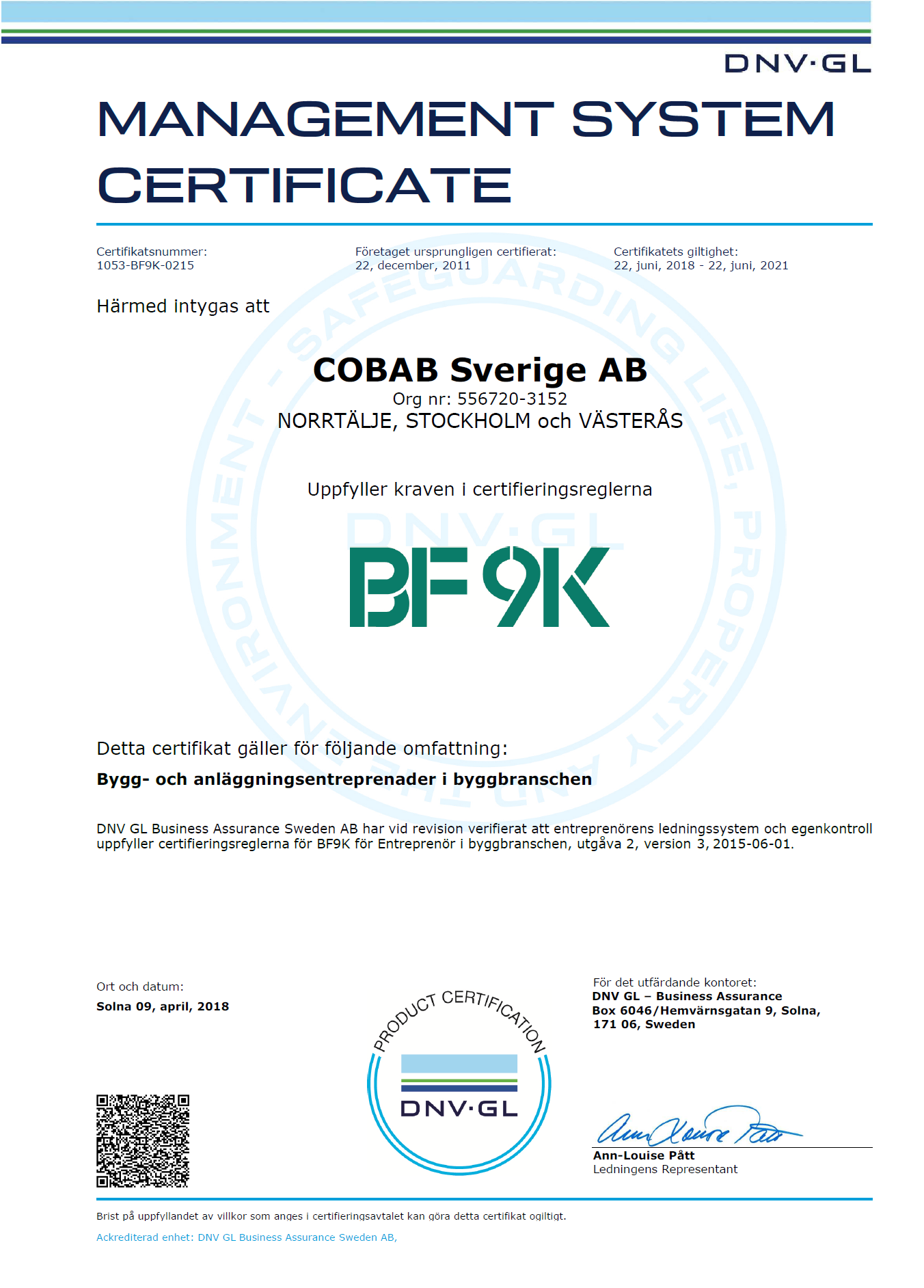 Nytt BF9K-certifikat utfärdat - Cobab Sverige AB